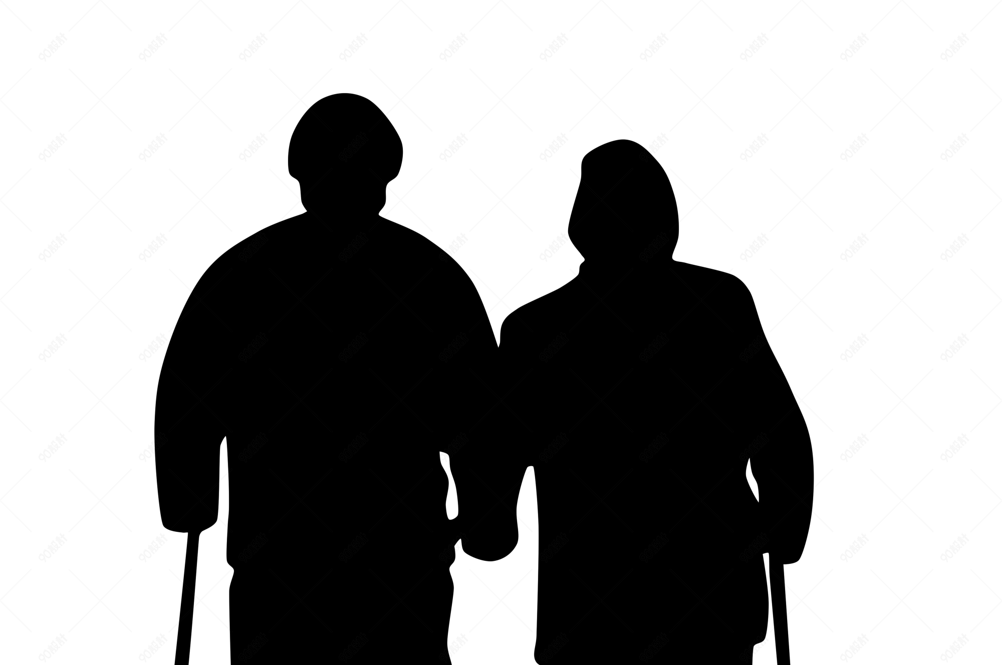 重阳节牵手夫妻老人背影剪影【免抠元素PNG】-90设计网